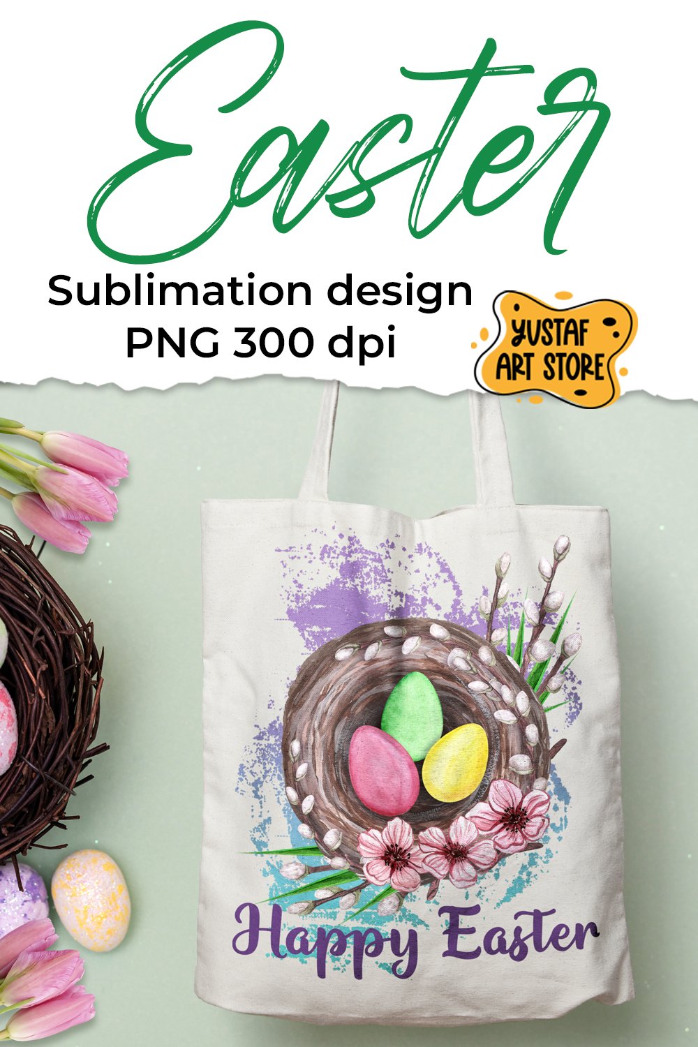Happy Easter sublimation. Easter Eggs in nest with flowers