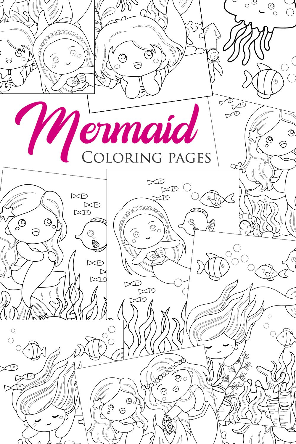 Cute Fantasy Mermaid in The Sea with Animals Coloring Set