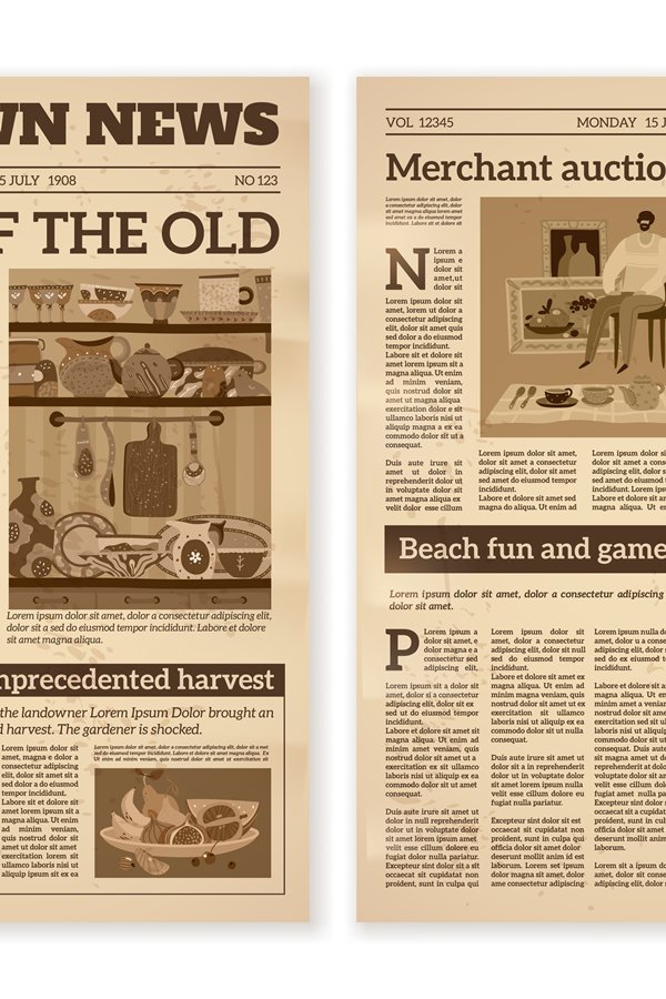 Retro newspaper. Daily news articles yellow newsprint old ma