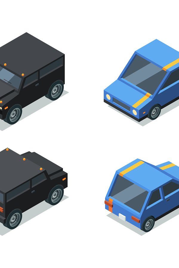 Isometric cars. Front and back side views of urban vehicles