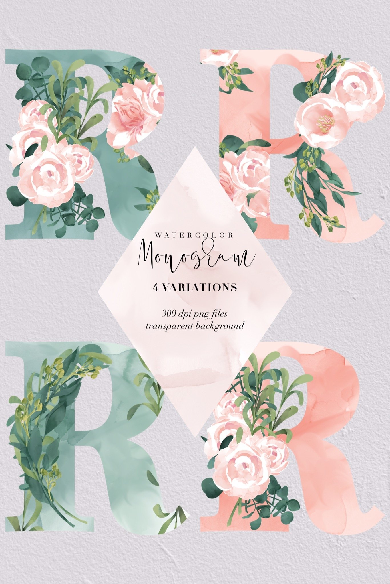 Letter R watercolor monogram, floral monogram PNG, flowers