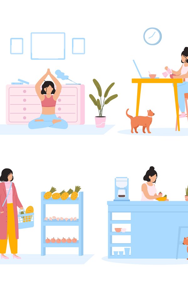 Daily women routine. Everyday woman work and leisure activit