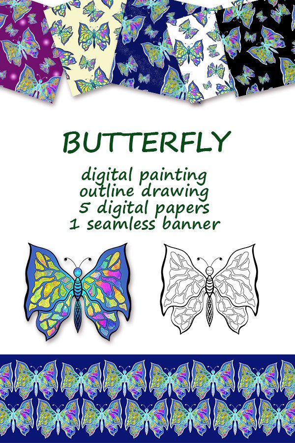 Butterfly decorative drawing, clipart and digital paper