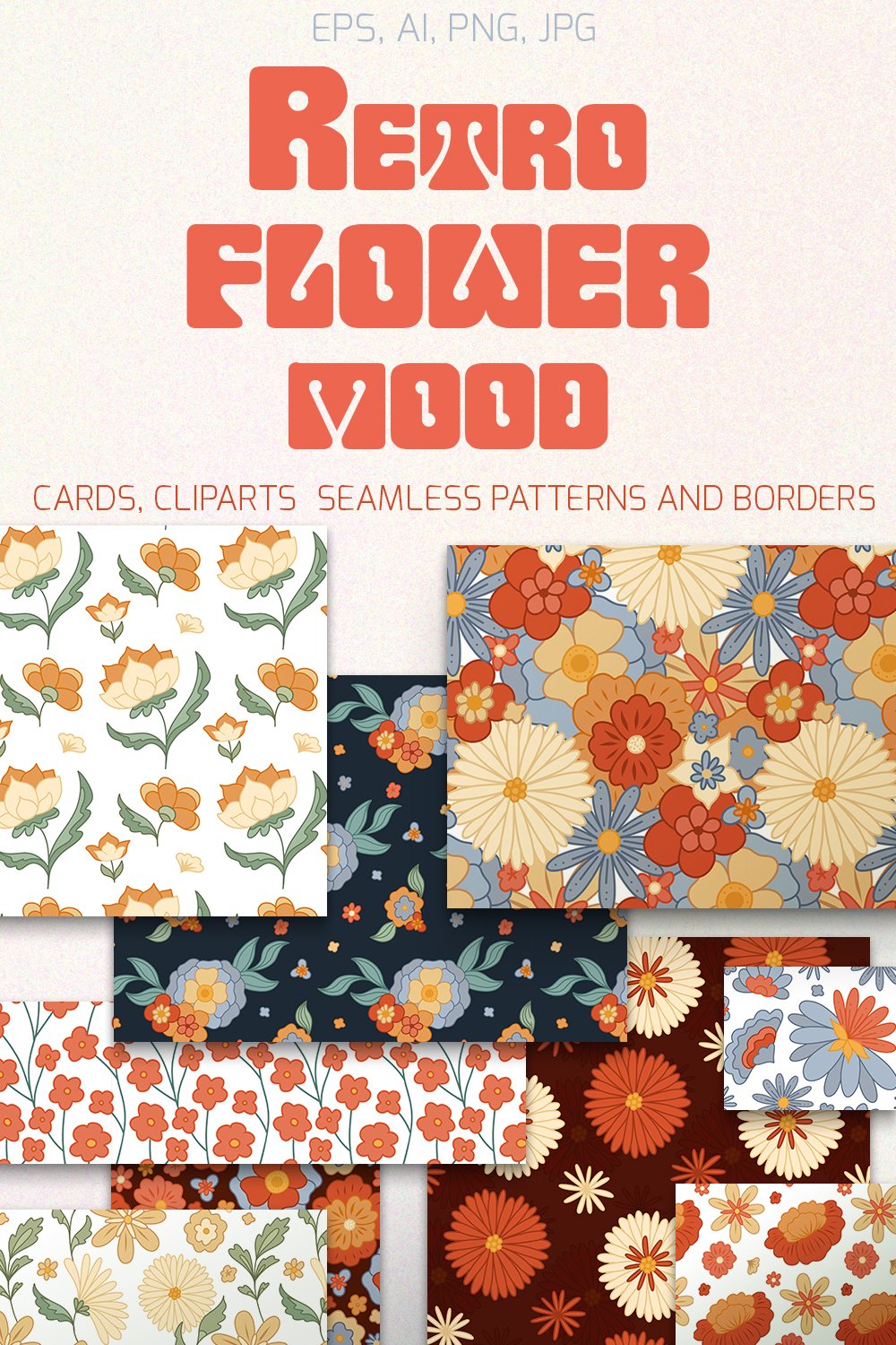 Vector retro flower mood patterns, cliparts, cards set