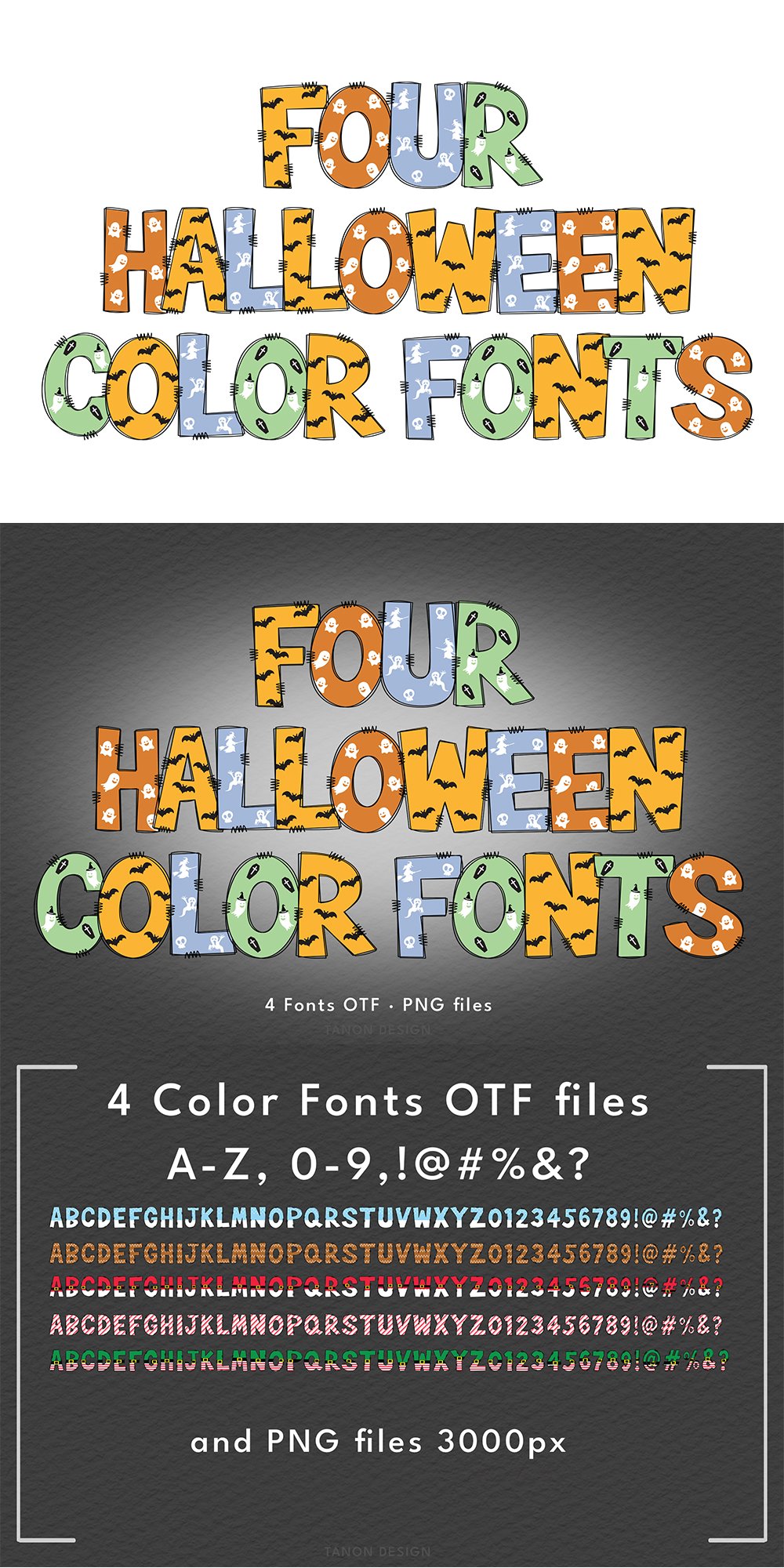 4 Halloween Color Font with PNG files, decorative and design