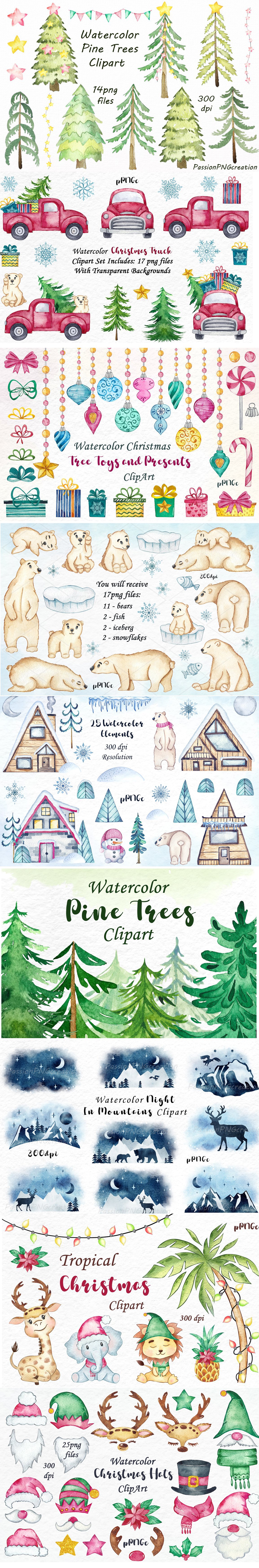 Winter Clipart Bundle, Watercolor Christmas clip art