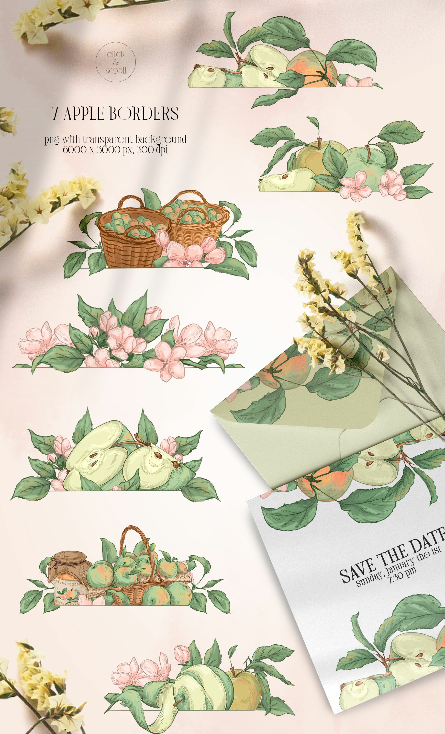 Apple borders - 7 PNG borders with apple fruits