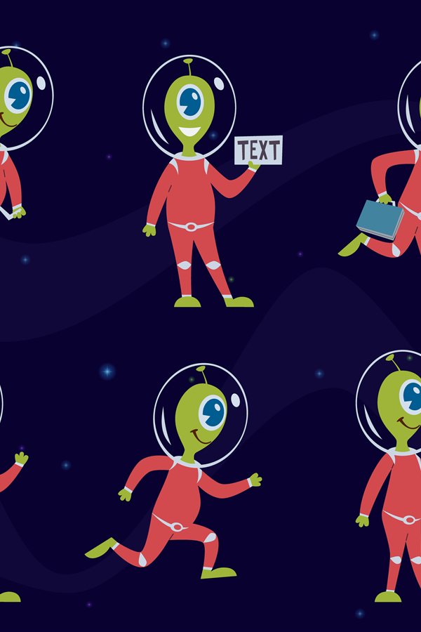 Aliens. Funny green space humanoid in spacesuit, ufo alien p