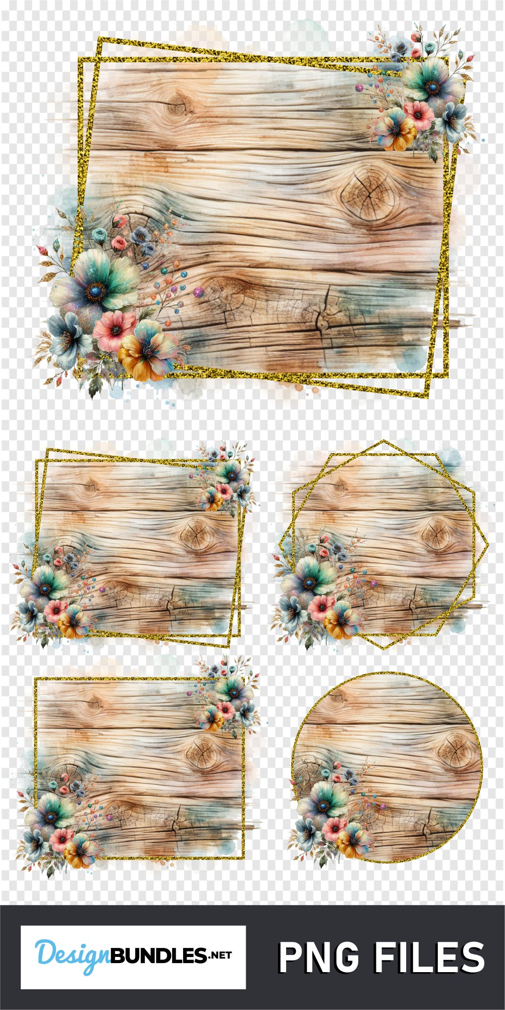 Watercolor Wood Flowers With Gold Glitter Frame Backgrounds