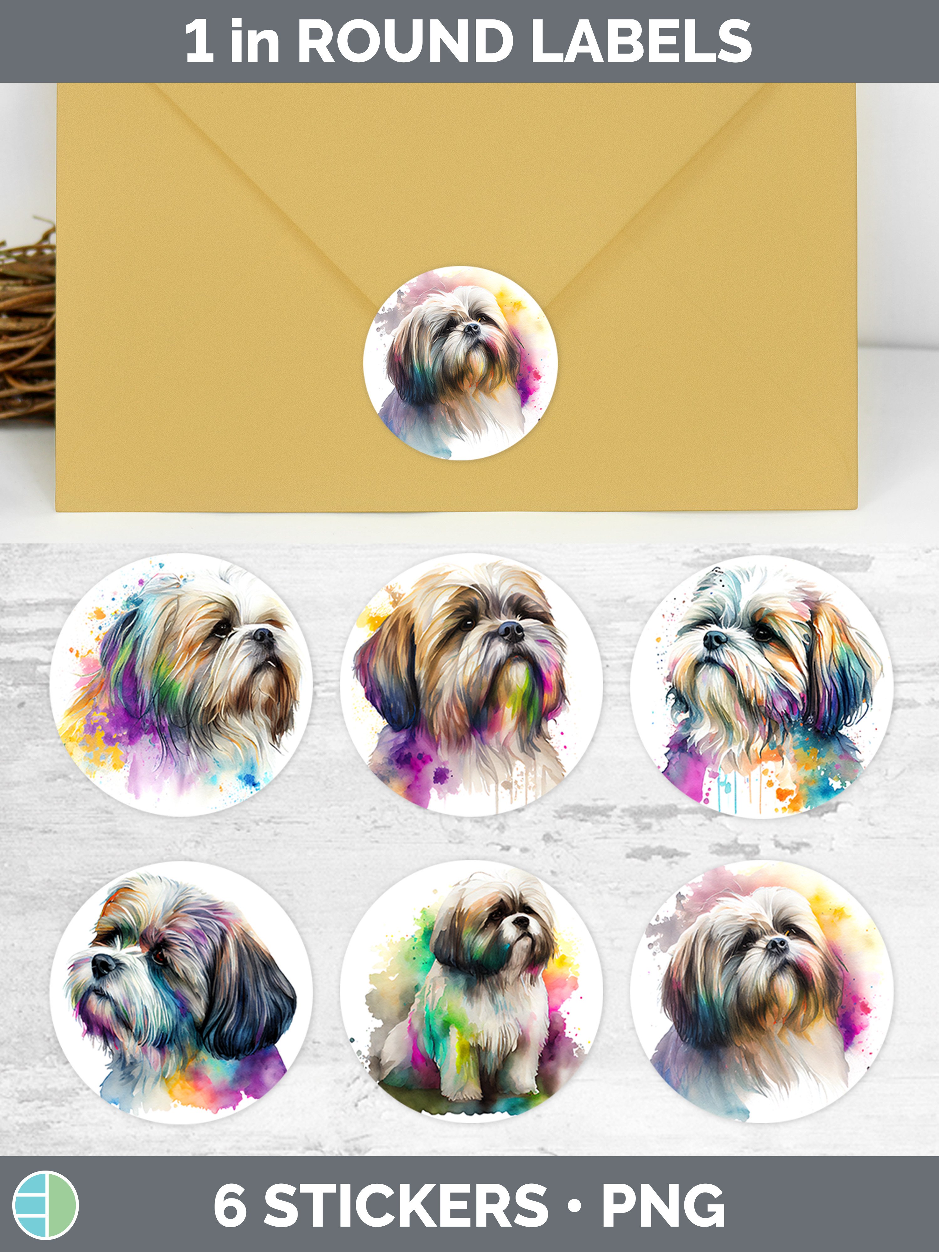 Rainbow Lhasa Apso Dog Stickers | Round Labels Designs Bundl