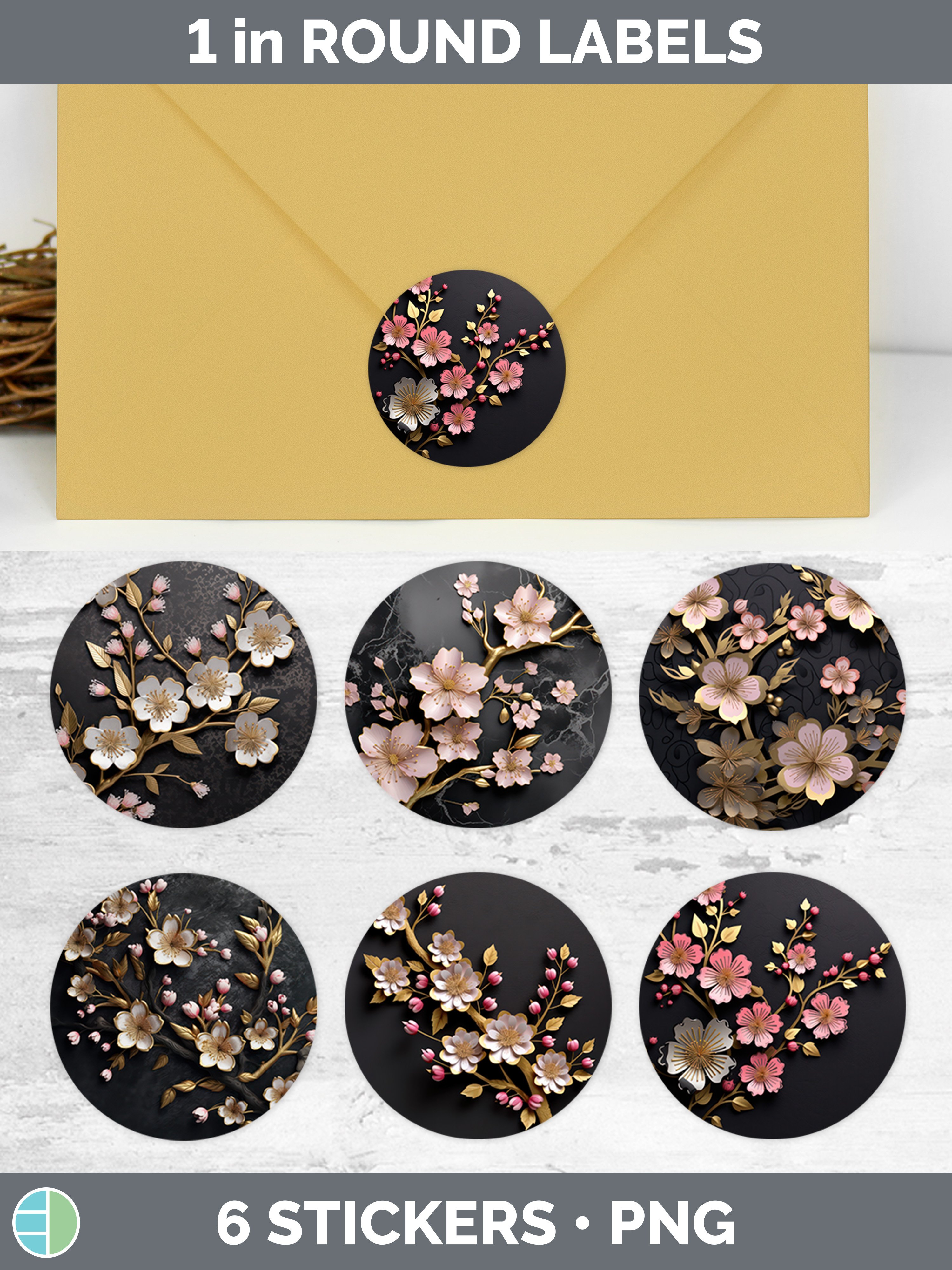 3D Gold Cherry Blossom Flowers Stickers | Round Labels Desig