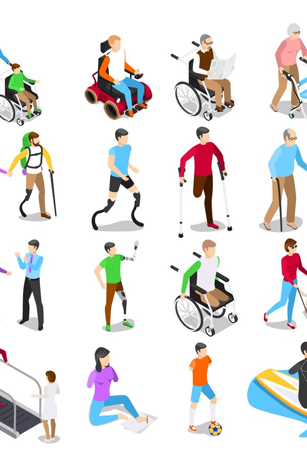 Isometric disabled people. Disability care, disabled elderly