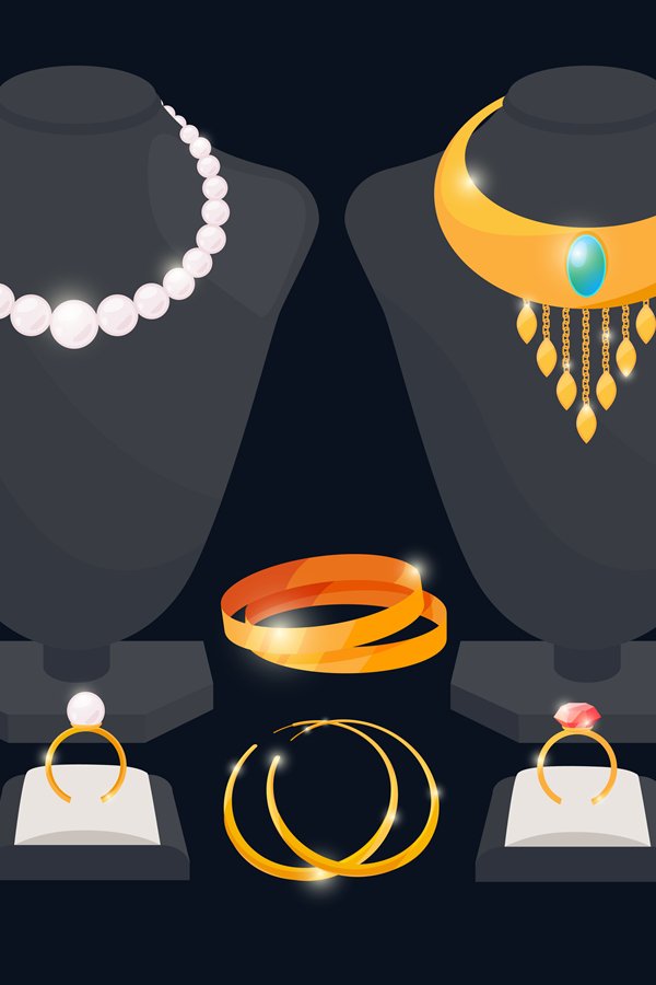 Jewelry shop window vector concept. Earrings and necklace