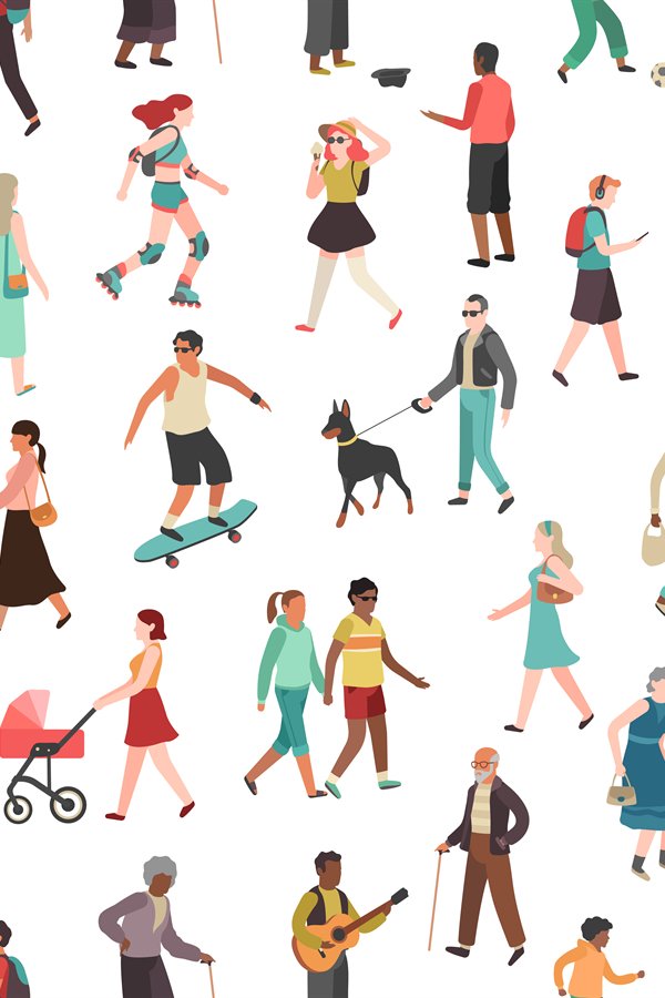People walking seamless pattern. Women men children group pe