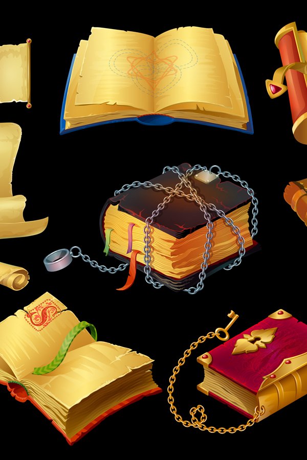 Cartoon books and scrolls. Game UI icons of ancient medieval
