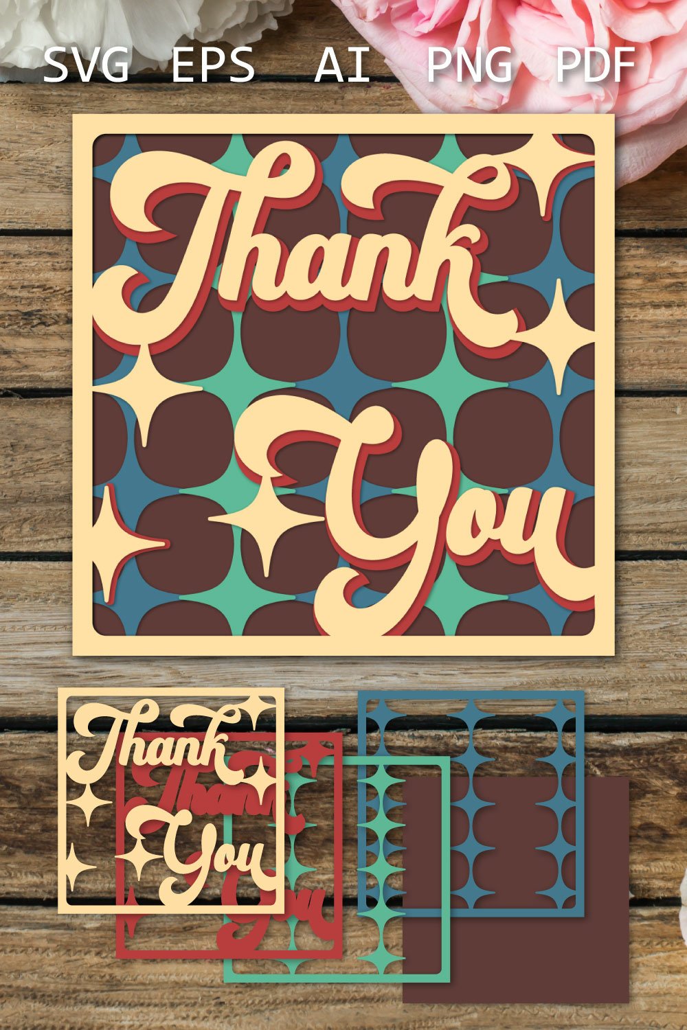 Thank You card design, Retro 3D layered paper cut card SVG
