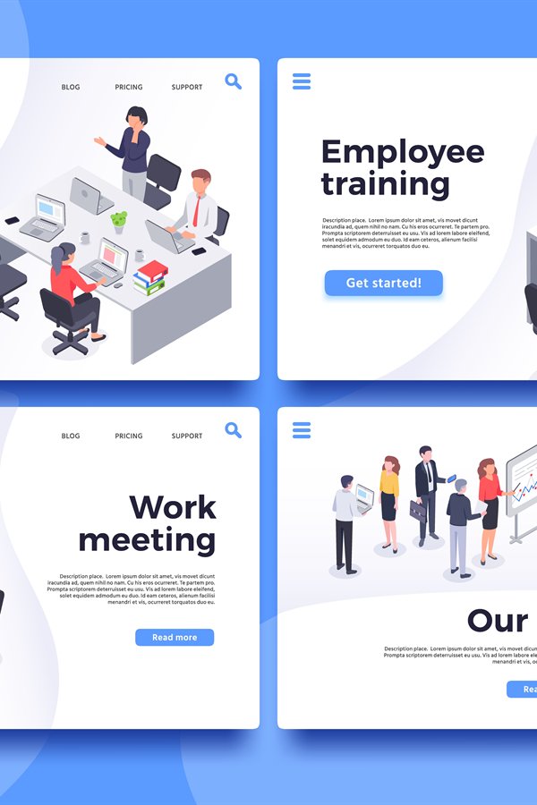 Workplace landing page. Office workers, brainstorm meeting a