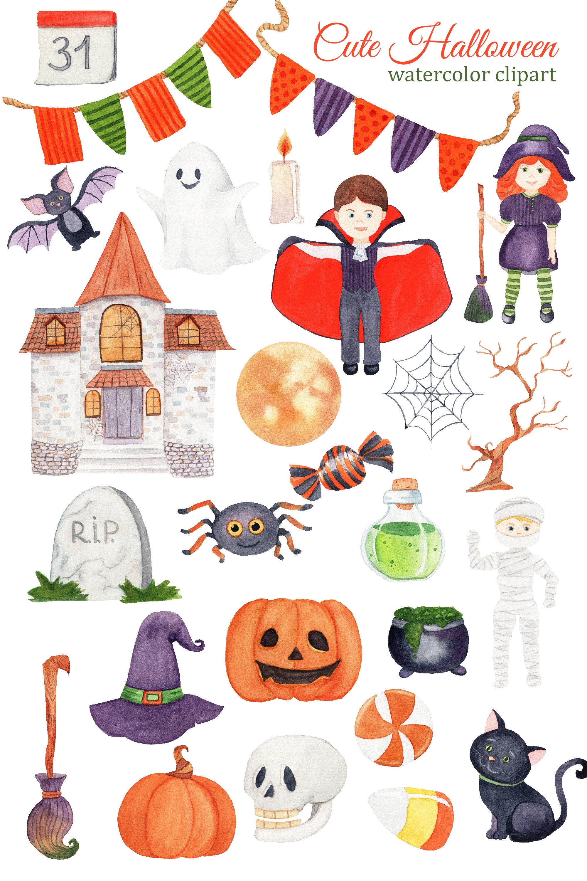 Cute Halloween Watercolor Clipart, Halloween costume party
