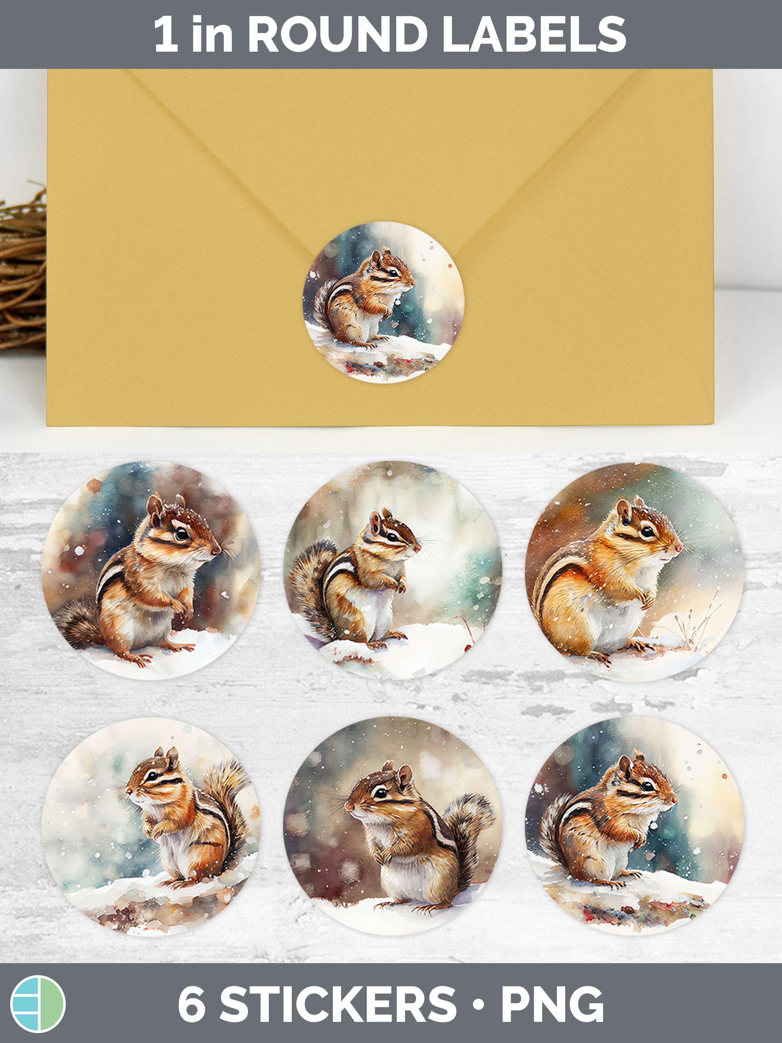 Winter Chipmunk Stickers | Sticker 1in Round Labels PNG Desi