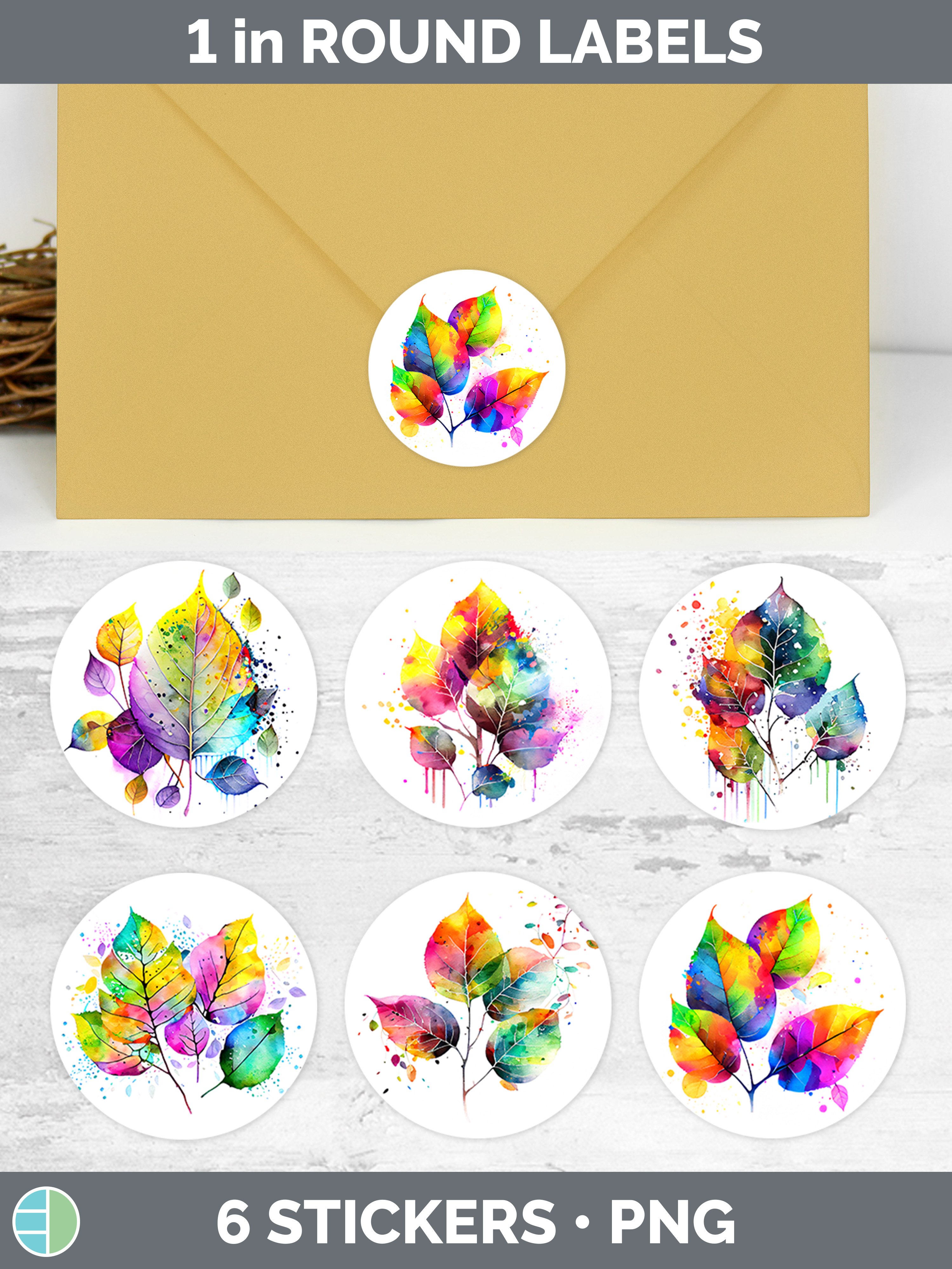 Rainbow Aspen Leaves Stickers | Round Labels Designs Bundle