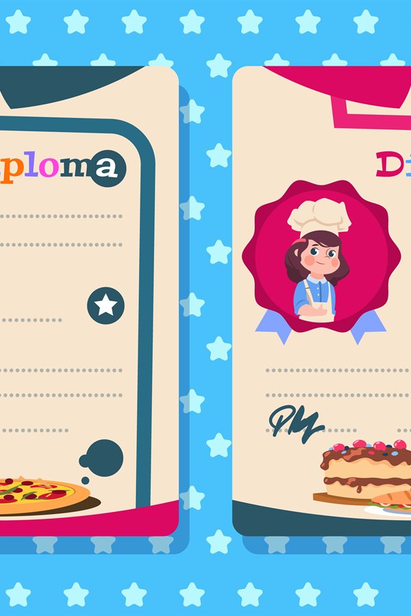 Cooking class diploma. Young girl and boy cook kid with apro