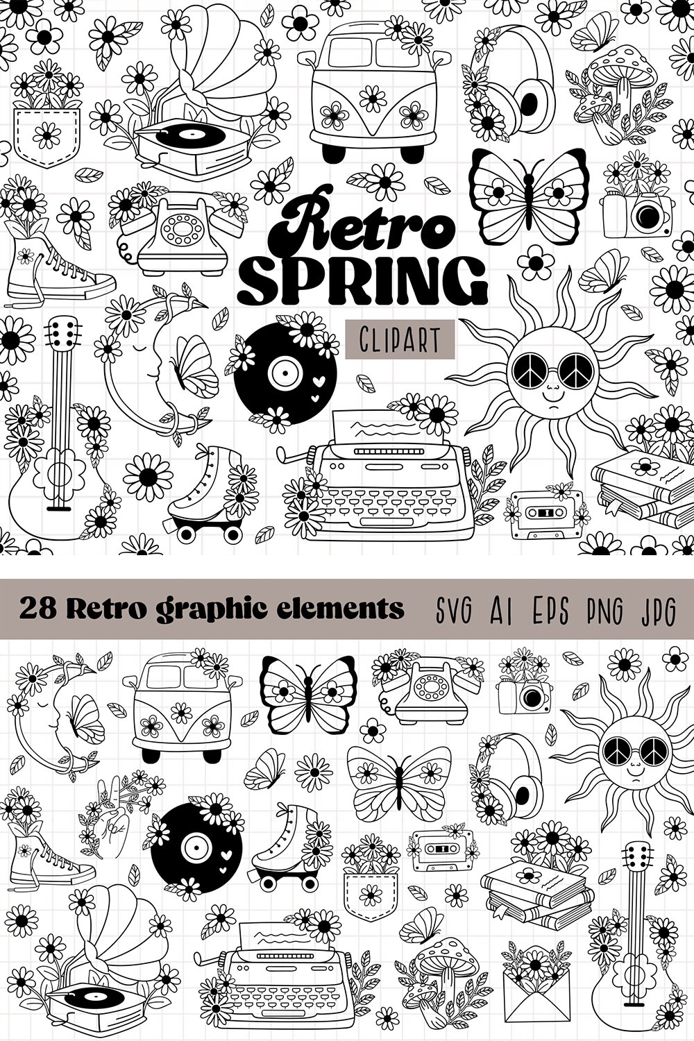 Retro Vibes Digital Clipart Set, Groovy Hippie, (3566968)