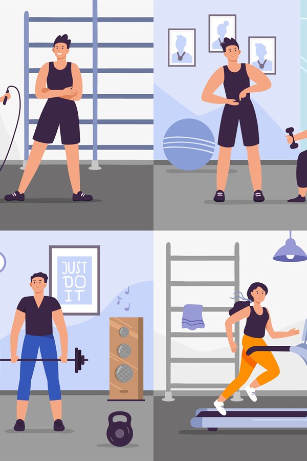 Gym coach. Vector illustration set people training