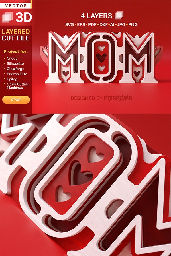 Mom Love 3D Layered | Mothers Day SVG Cut File