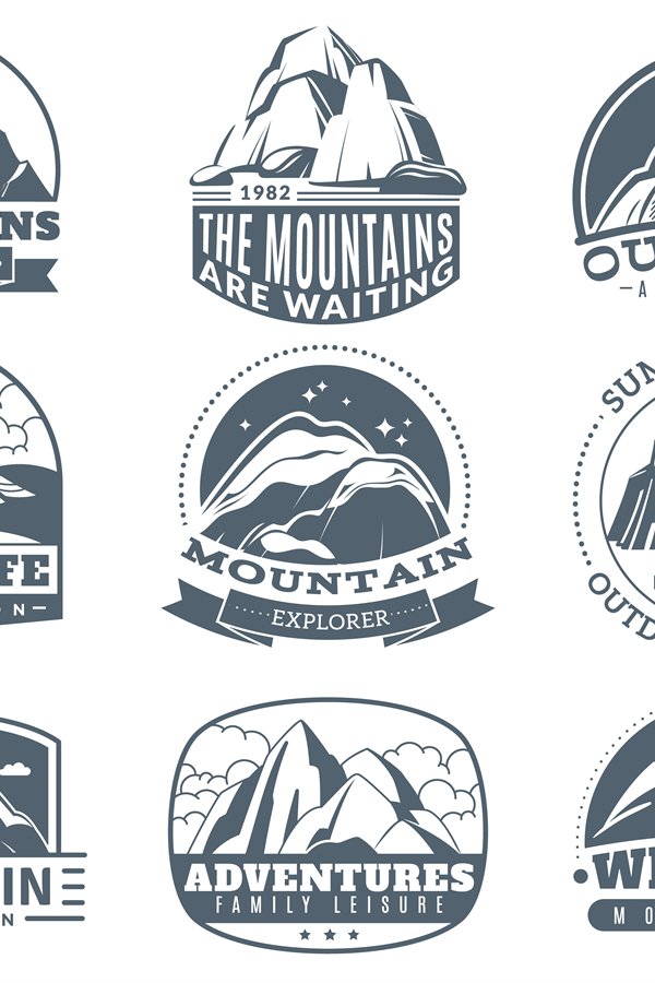 Mountain emblems. Hiking labels with snow mountains peak lan