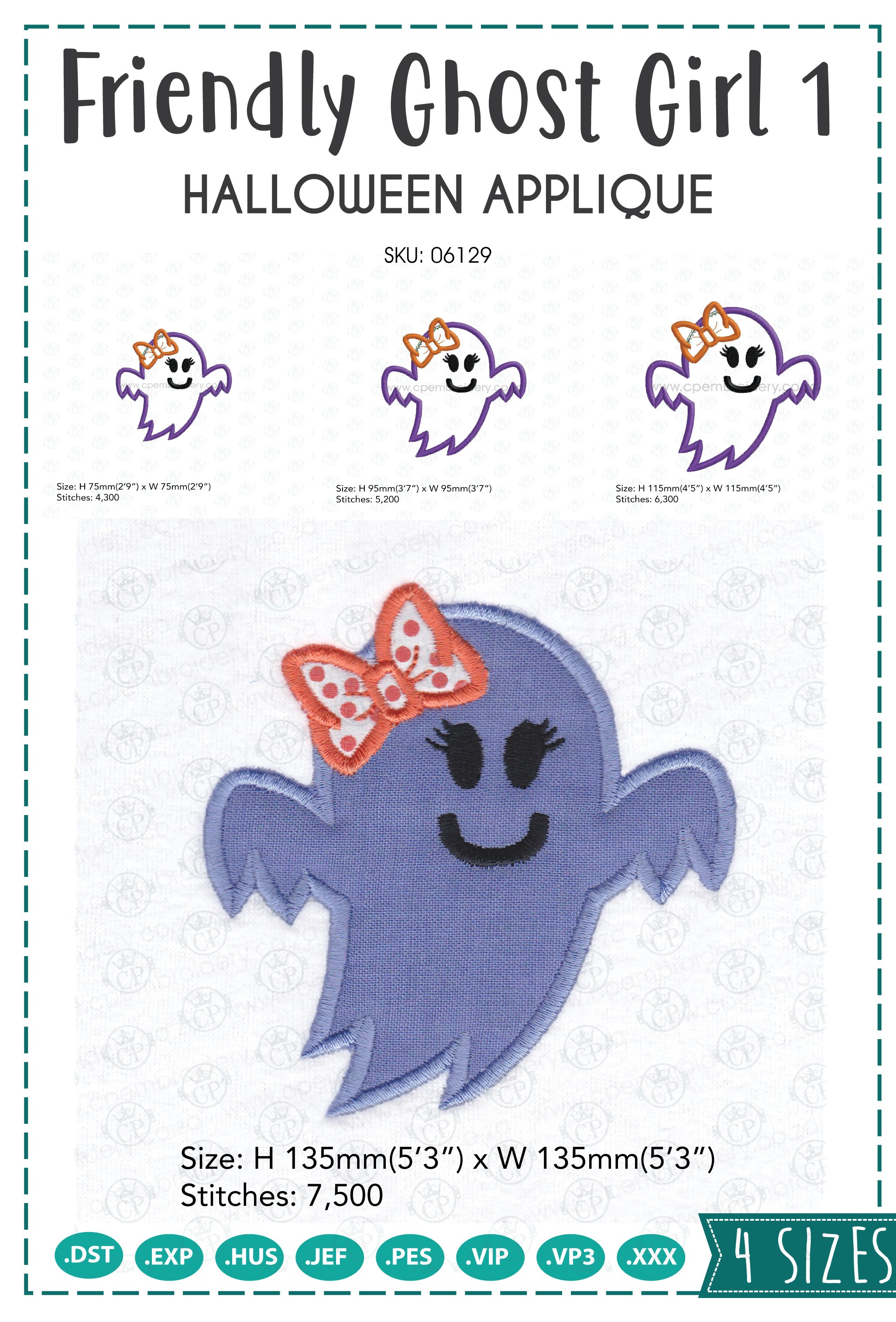 Friendly Ghost Girl 1 Halloween Appliqué Embroidery Design