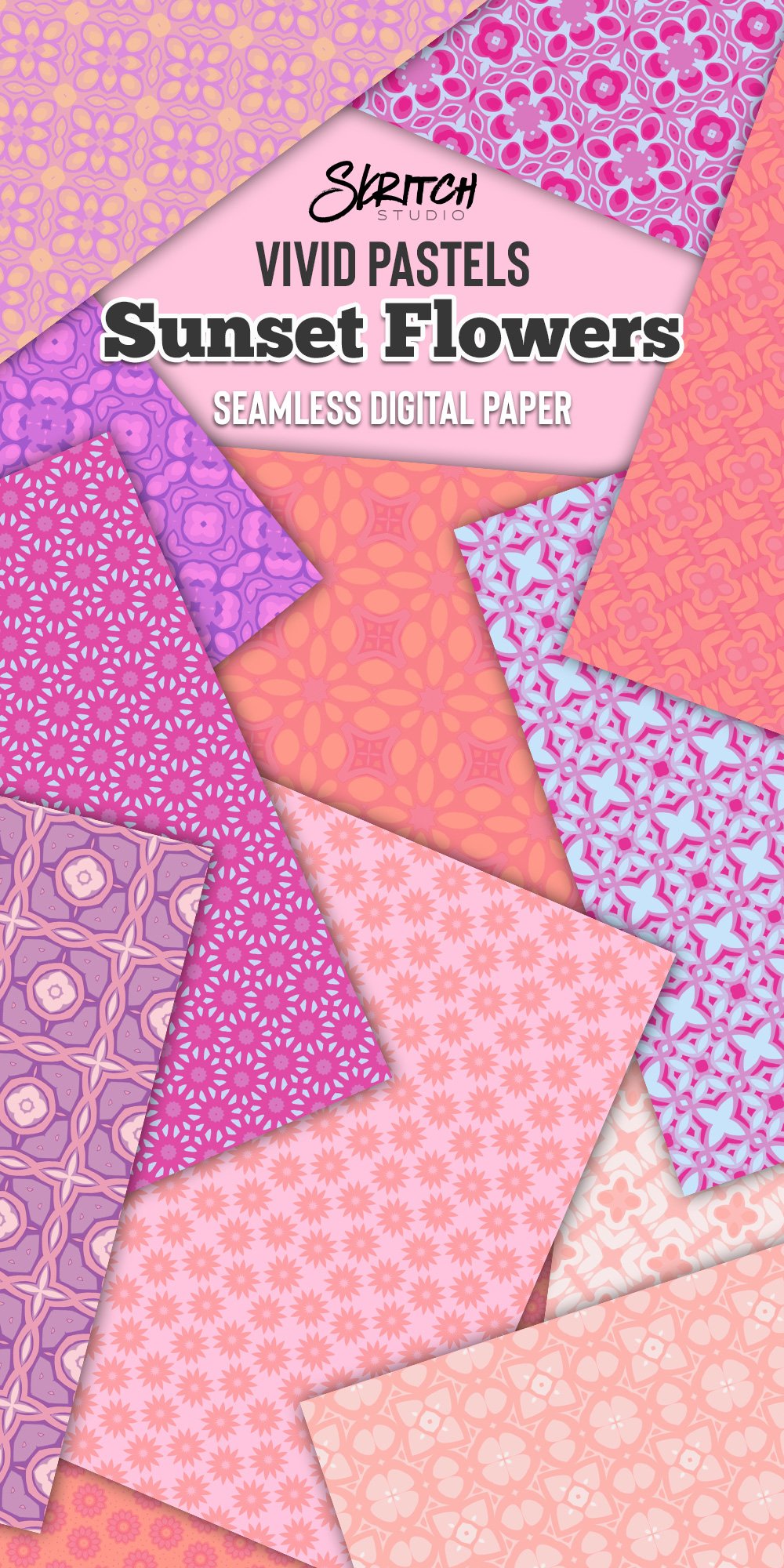 Sunset Flowers Pink and Purple Digital Paper Set