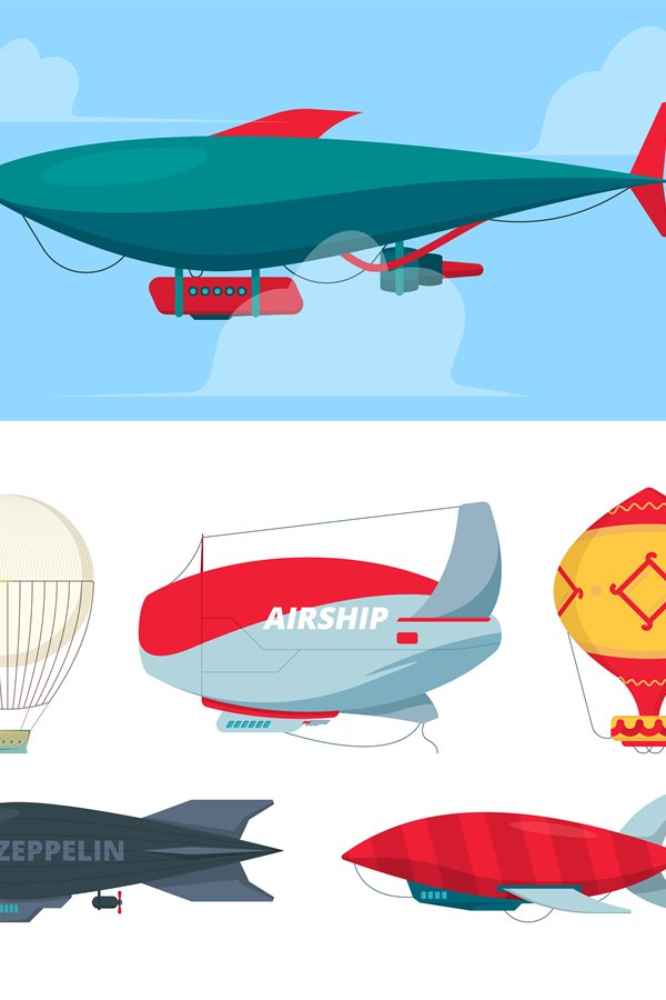 Airship. Flying balloons dirigible zeppelin for travellers f