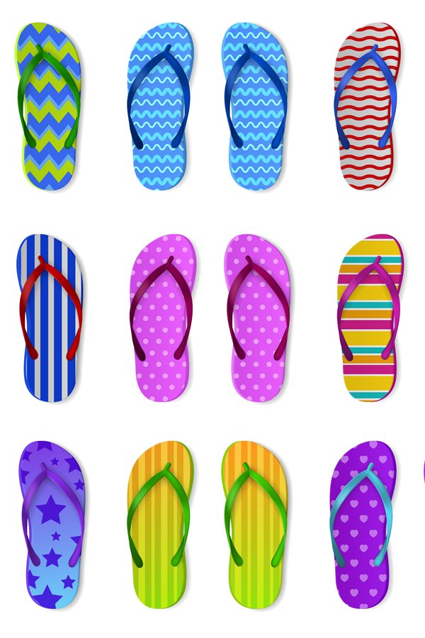 Realistic color flip flops. Rubber bright summer accessories