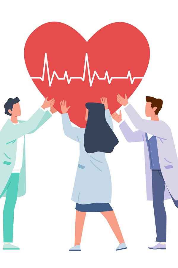 Heart Support. Doctors and nurses hold huge heart, cardiolog