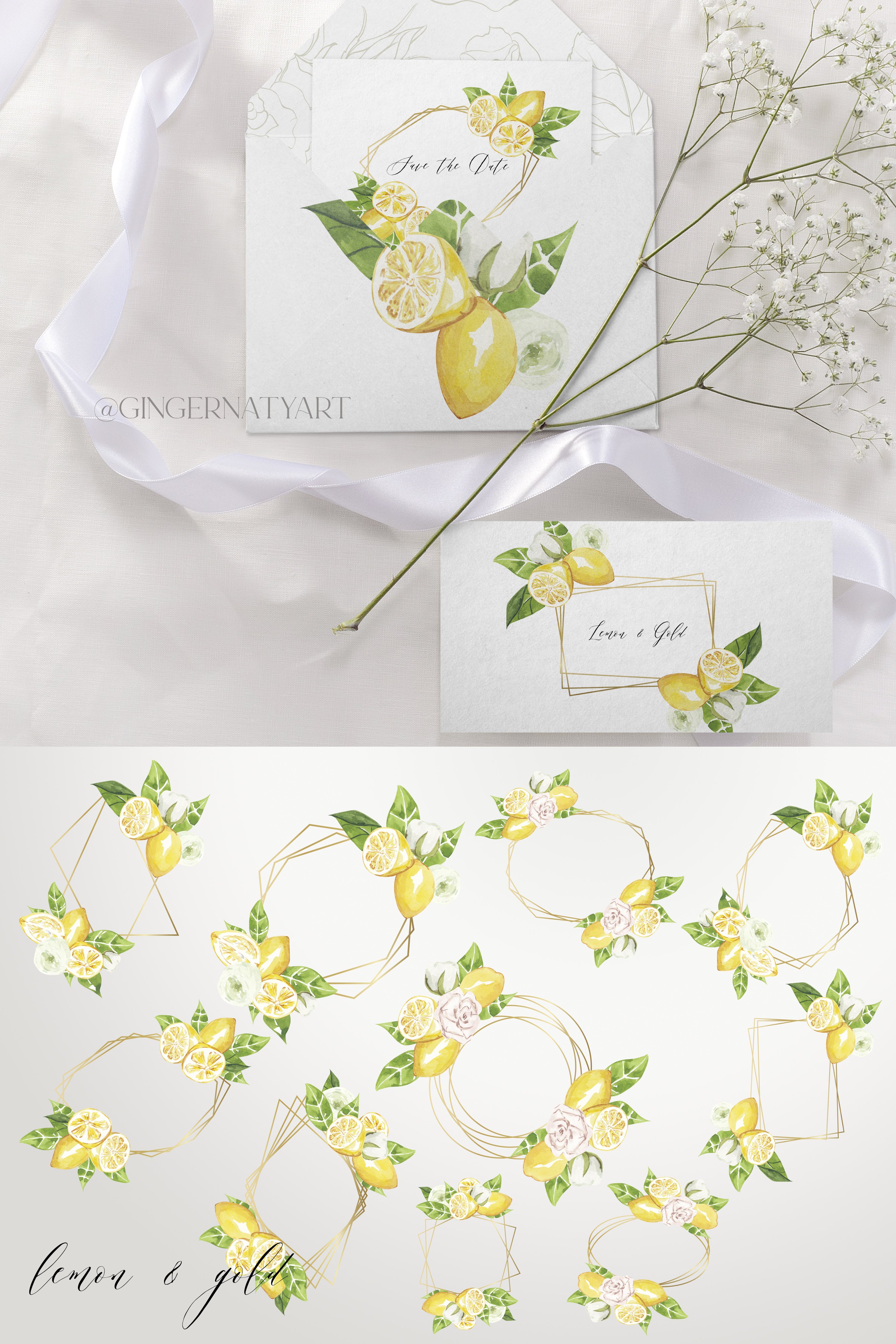 Lemon gold frame png clipart, watercolor lemon png (1301269)