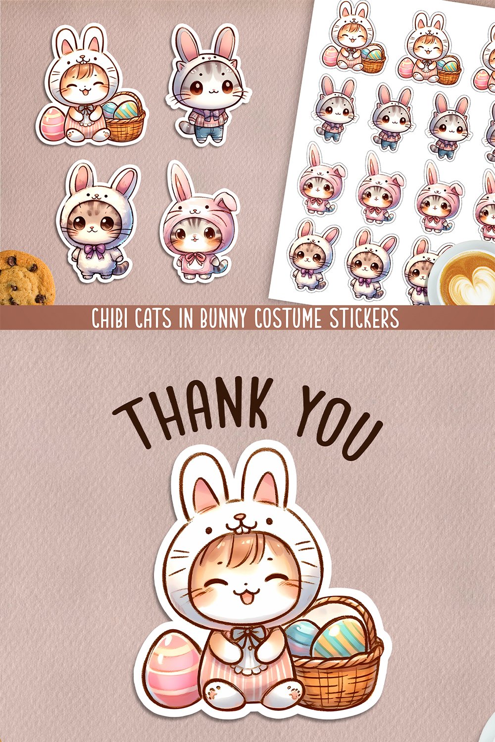 Chibi cat in bunny costume stickers PNG.