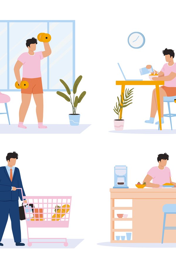 Daily man routine. Young guy everyday leisure and work activ