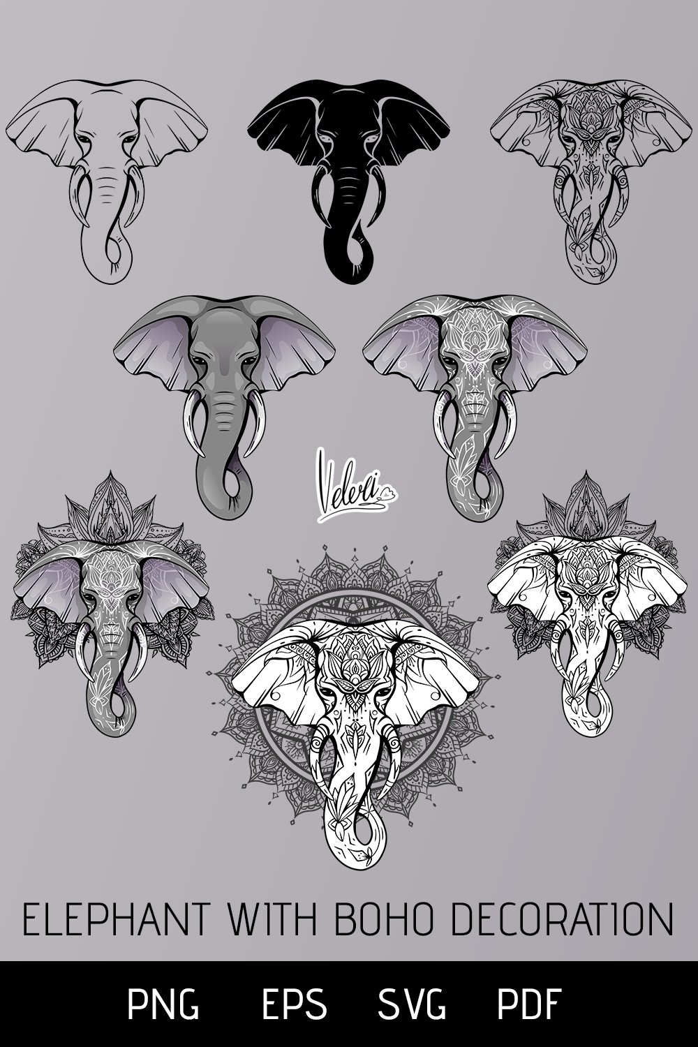 Set of Elephants with boho decoration - 8 Variations
