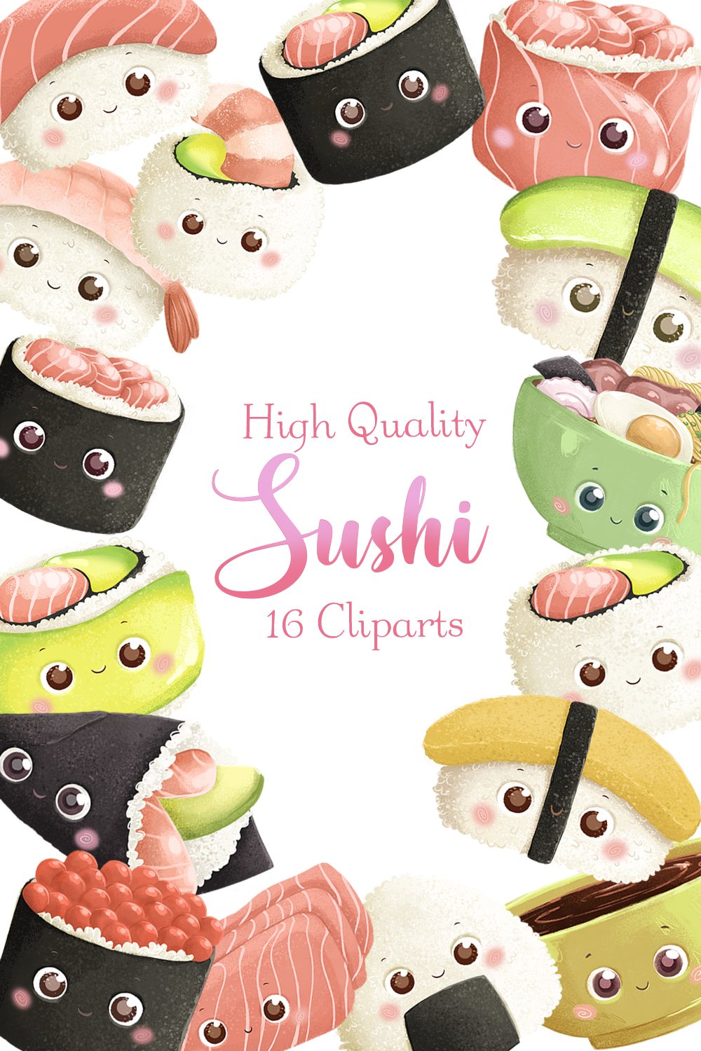 Kawaii Japanese food Cliparts - 16 High Quality Sushi PNG