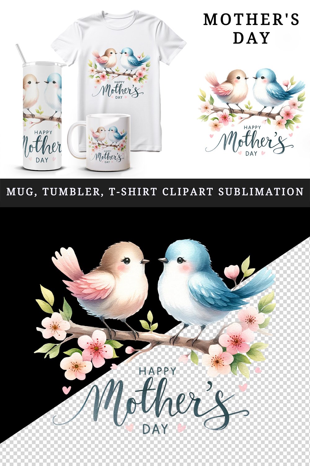 Birds Mother's day tumbler mug wrap clipart sublimation png