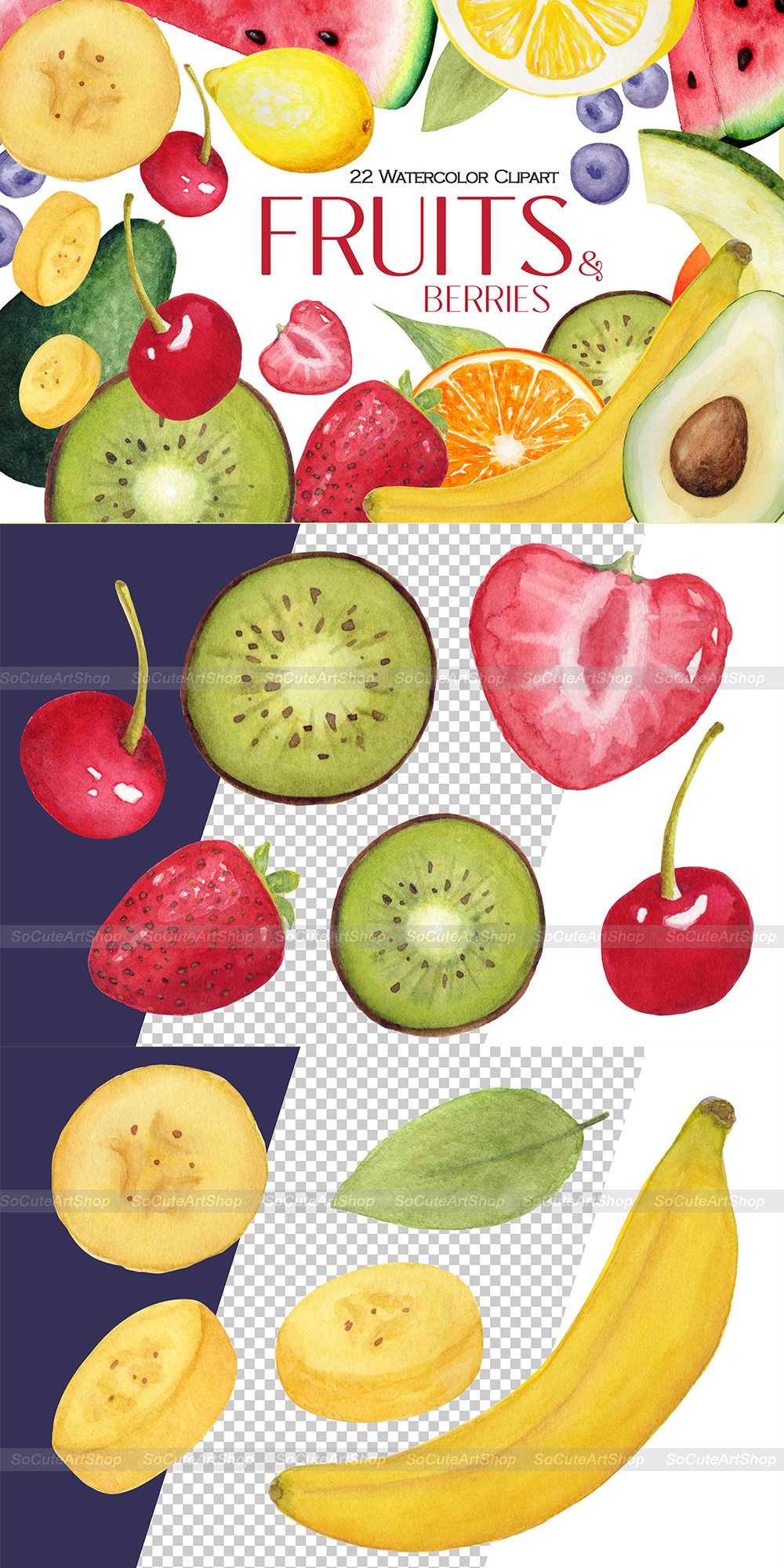 Watercolor Fruit Clipart set, Summer tropical fruits clipart