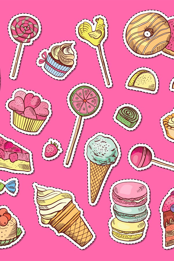 Vector hand drawn colored sweets stickers