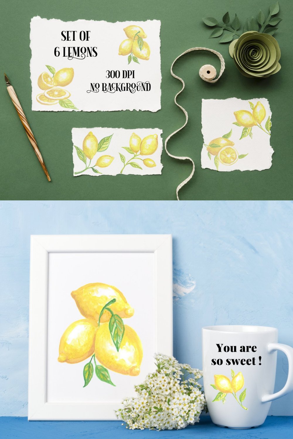 Watercolor Lemon Clipart, Handpainted Lemons