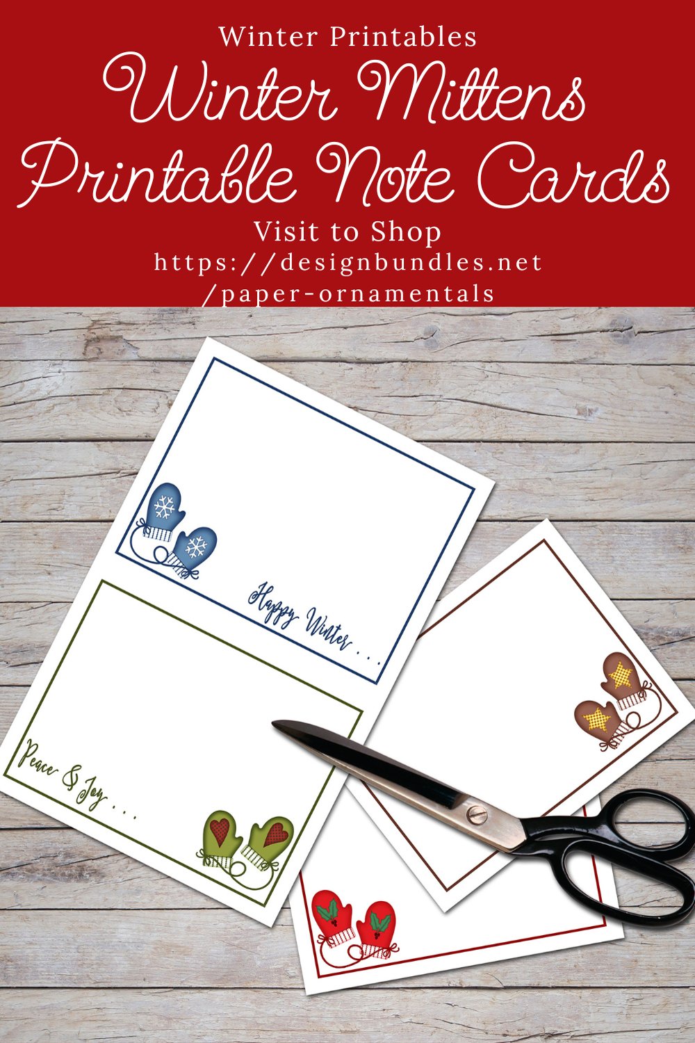 Flat Note Card, Winter Mittens 1 Printable Card Set