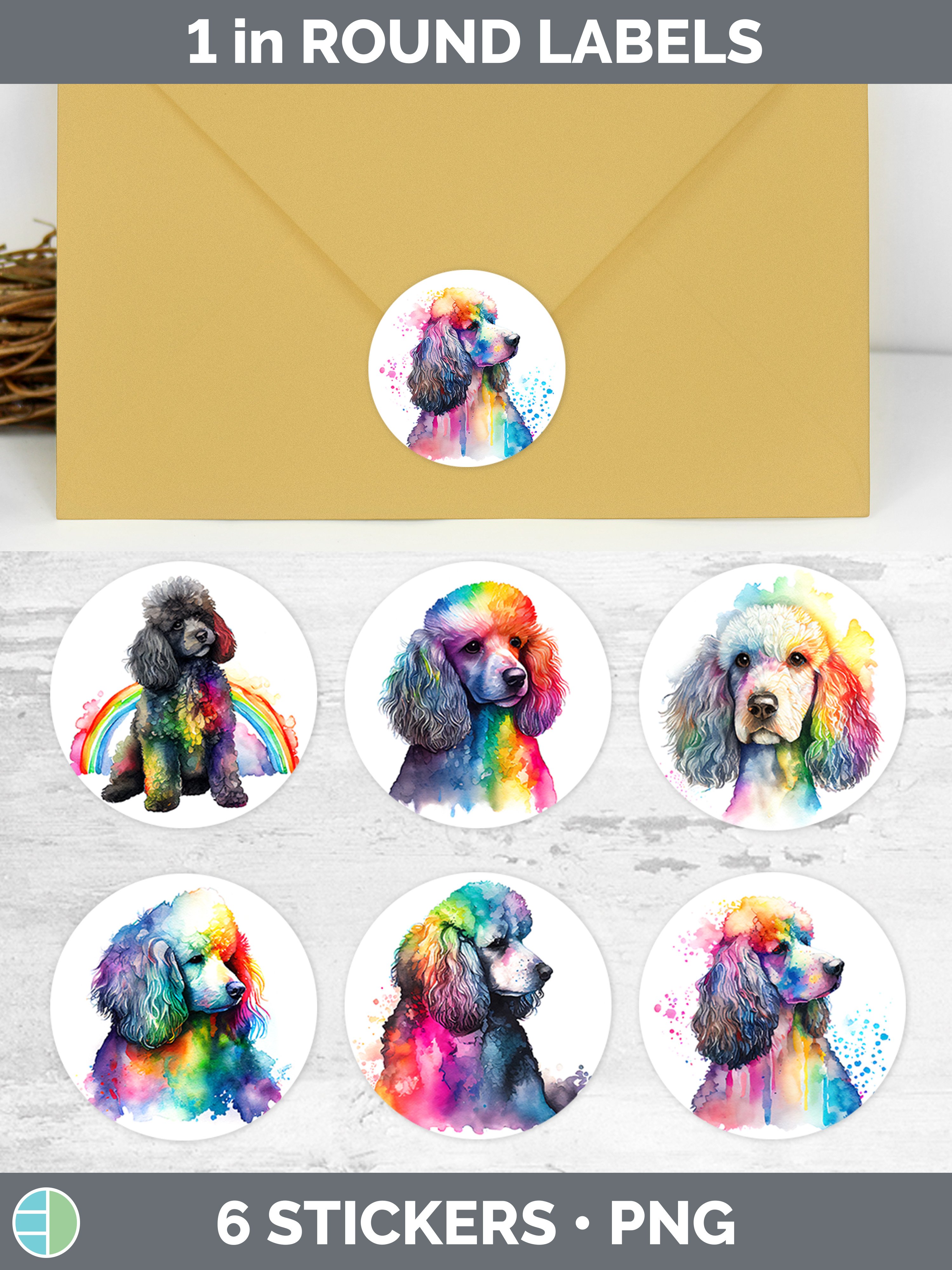 Rainbow Poodle Stickers | Sublimation Round Labels Designs B