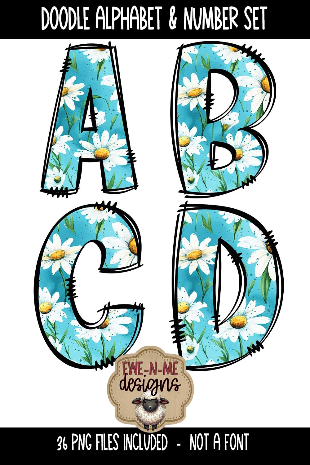 Blue Daisy Doodle Alphabet Numbers | White Daisy PNG Letters