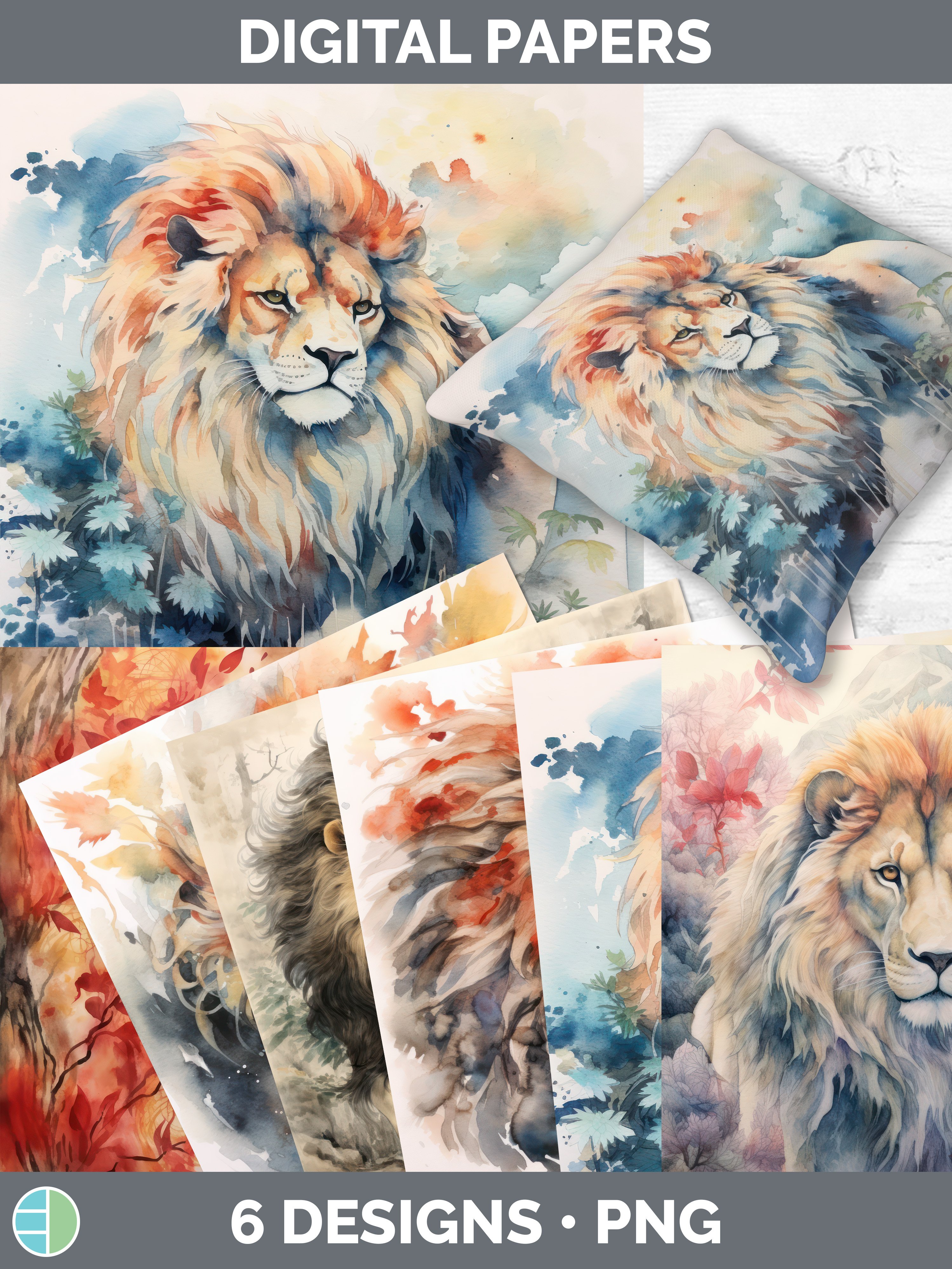 Japanese Watercolor Lion Paper Backgrounds | Digital Scrapbo