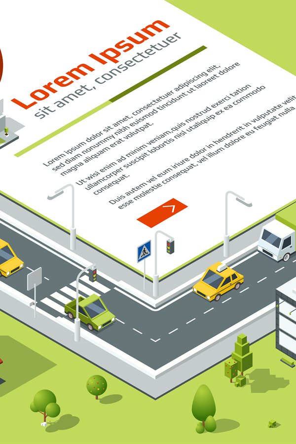 Isometric 3d city. Conceptual poster with highway and point