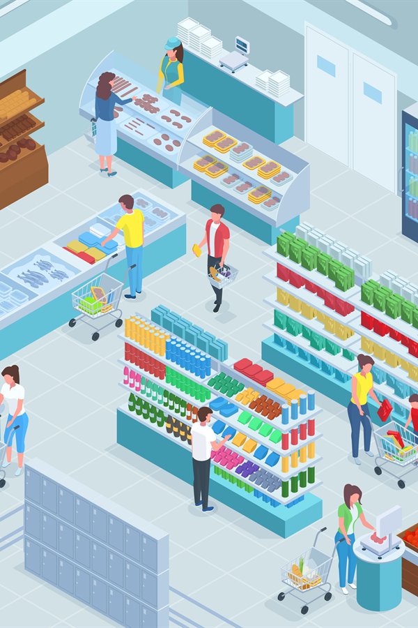 Isometric grocery market interior, supermarket showcase and Isometric grocery market interior, supermarket showcase and