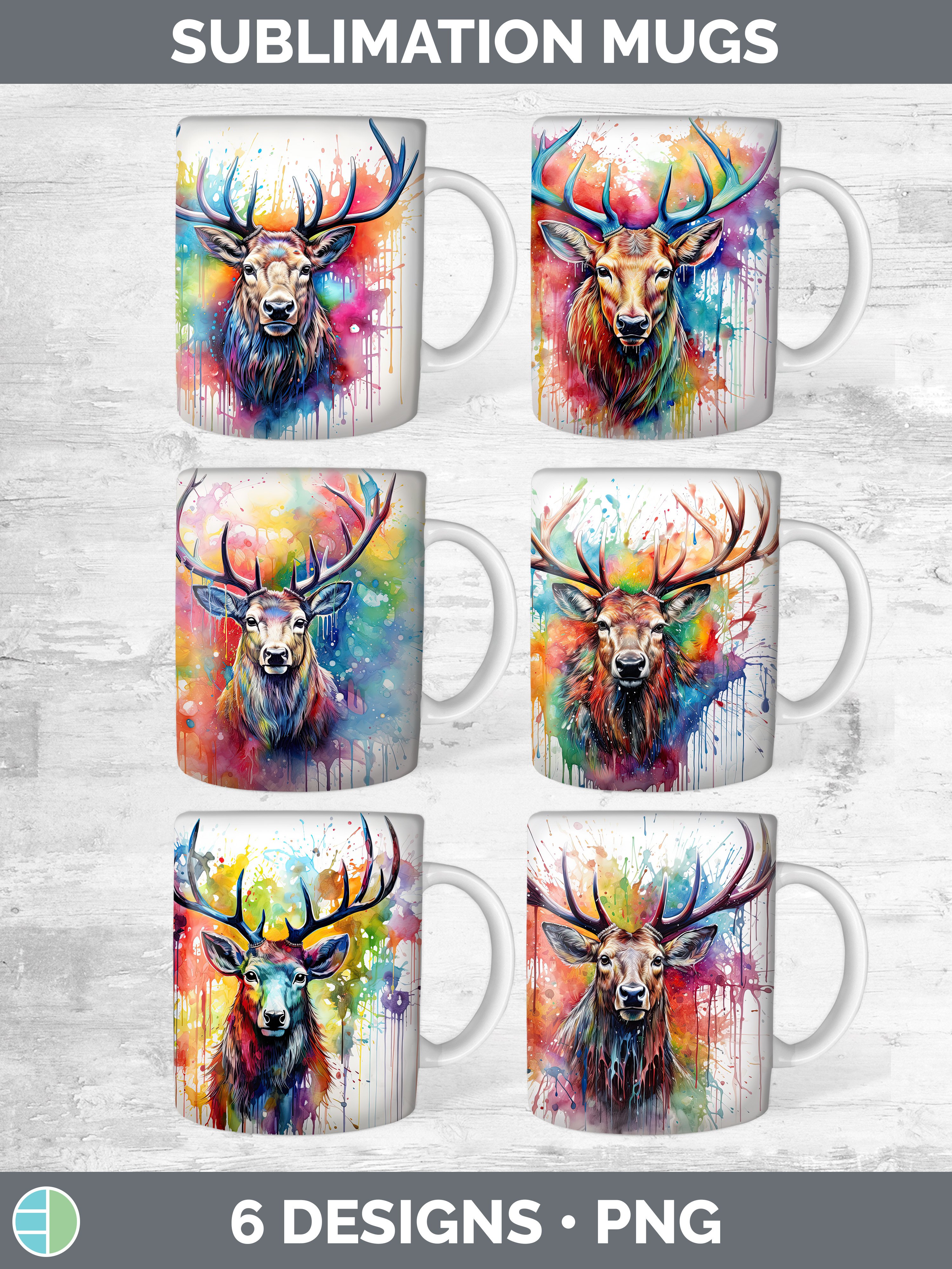 Splat Rainbow Elk Mug Wrap | Sublimation Coffee Cup Designs